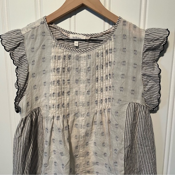 bohme | Tops | Bohme Cream And Navy Blue Striped Blouse With Ruffled ...